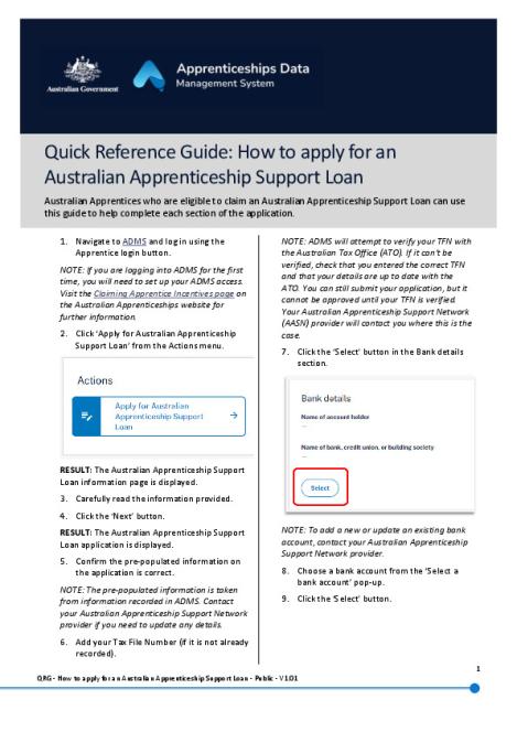 Quick Reference Guide – How to apply for an Australian Apprenticeship Support Loan - Department ...